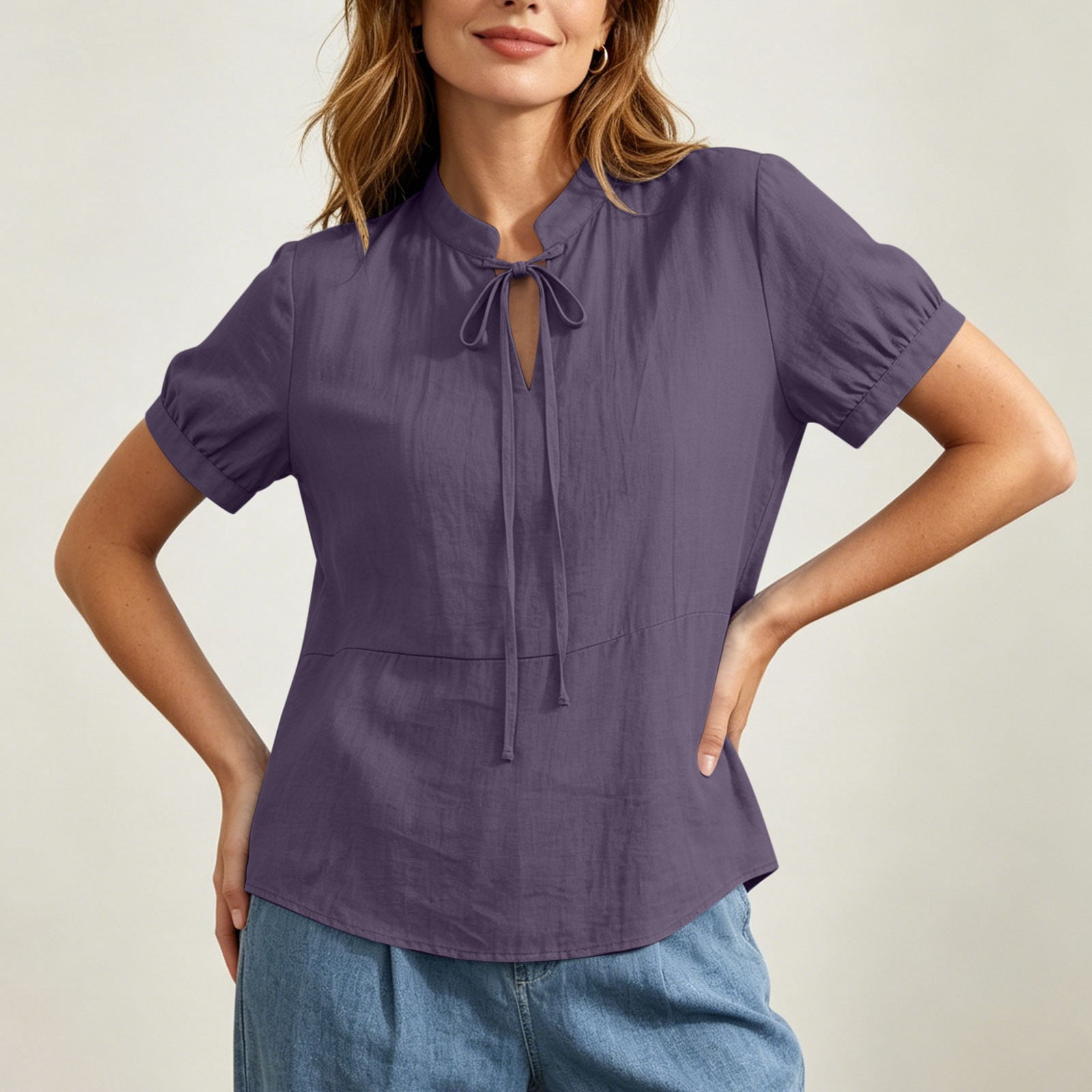 Babysbule Women's Mandarin Collar Keyhole Tie Front Puff Short Sleeve ...