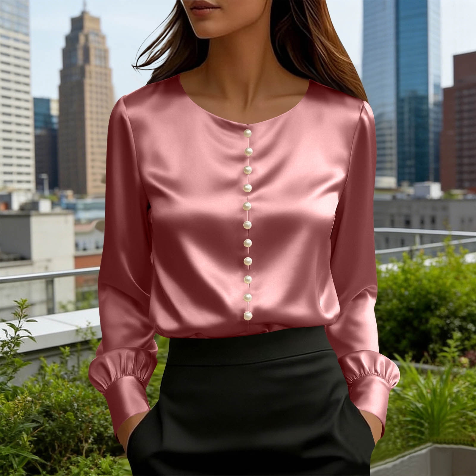 Babysbule Women’s Pearl Button Satin Blouse Round Neck Long Sleeve ...