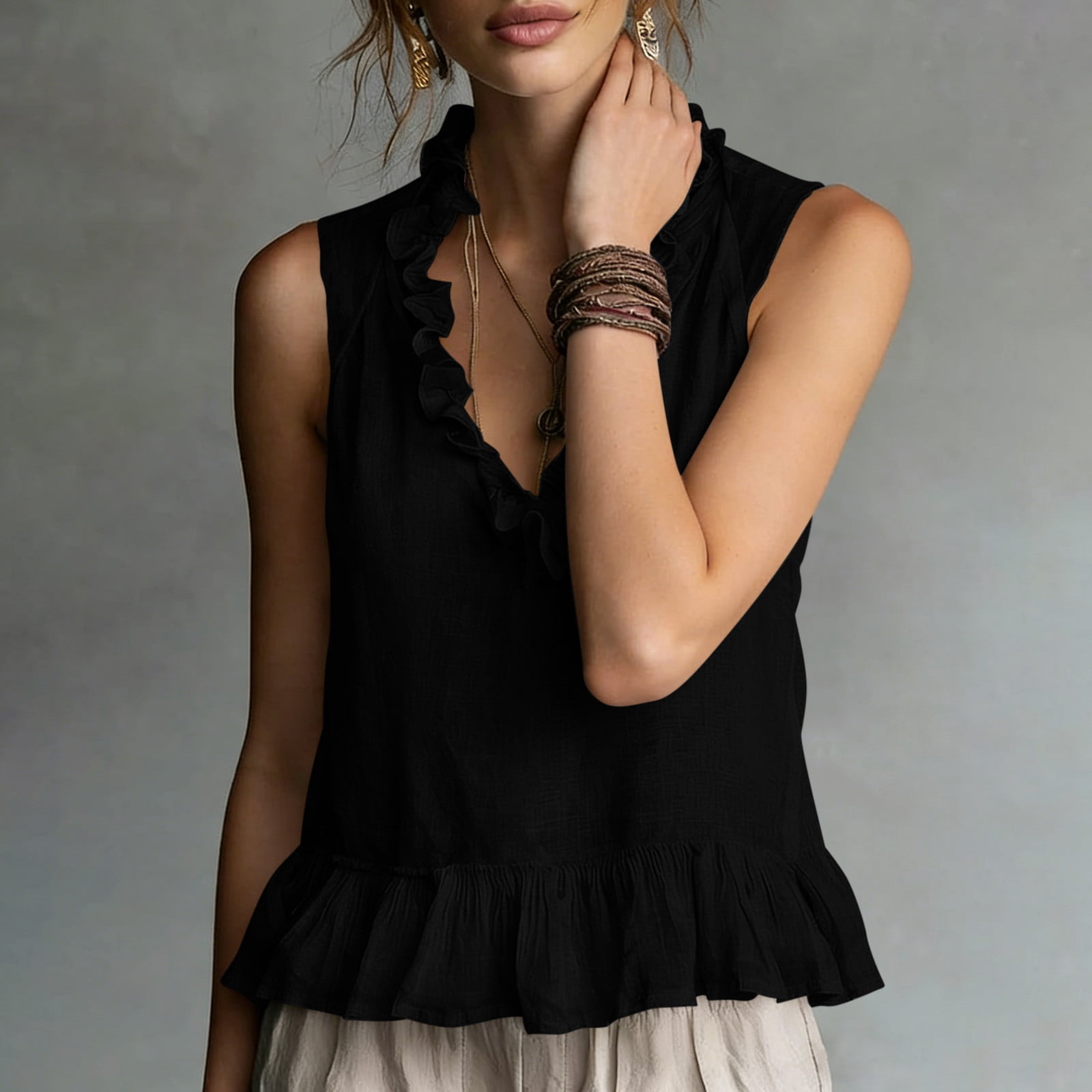 Babysbule Women's Ruffle Trim V-Neck Muscle Tank, Loose Fit Peplum ...