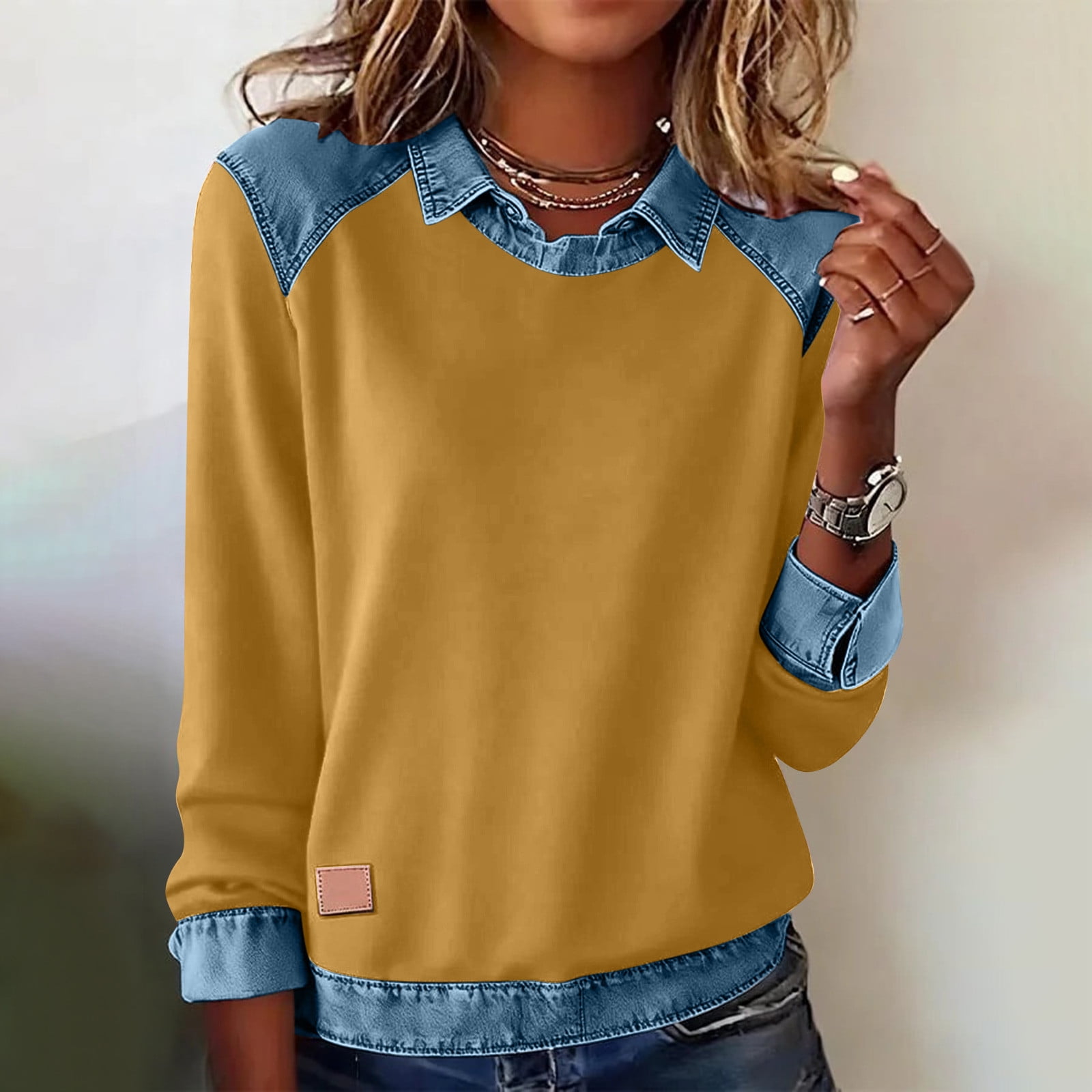 Babysbule Women's Shirts Casual Long Sleeve Lapel Denim Patchwork ...