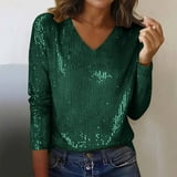 Babysbule Women's Shirts Womens Casual Sequin Round Neck Long Sleeved ...