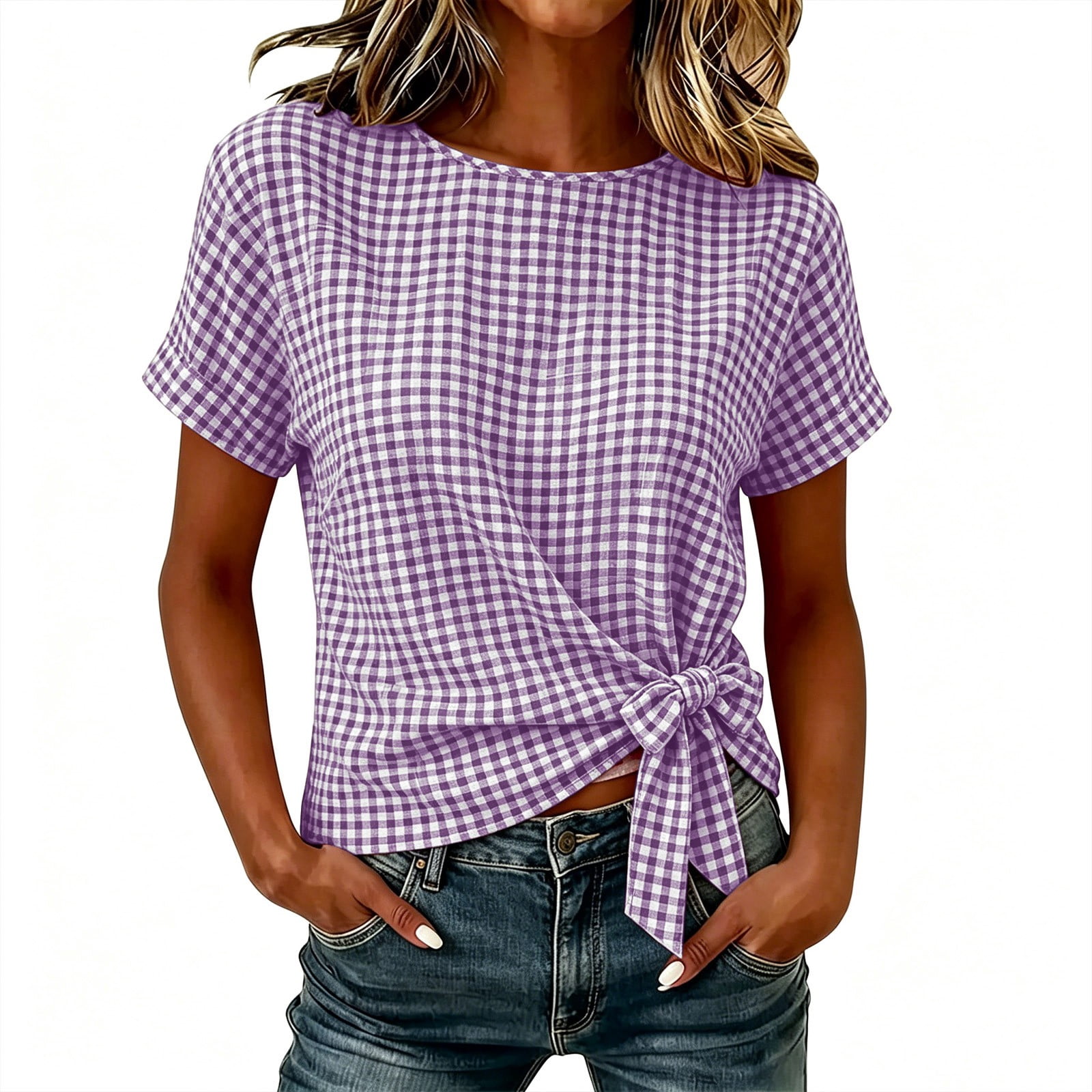 Babysbule Women's Side Tie Knot Round Neck Short Sleeve Plaid Print Top ...