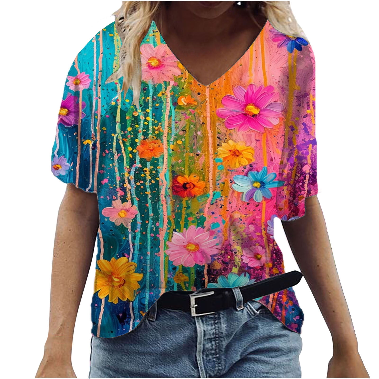 Babysbule Women's Trending Tops Plus Size Women Short Sleeve Printed V ...
