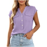 Babysbule Women's V-Neck Button Front Cap Sleeve Blouse with Chest ...