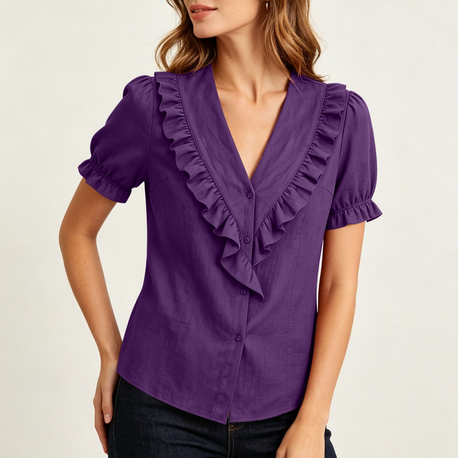 Babysbule Women's V-Neck Ruffle Collar Puff Short Sleeve Button Front ...