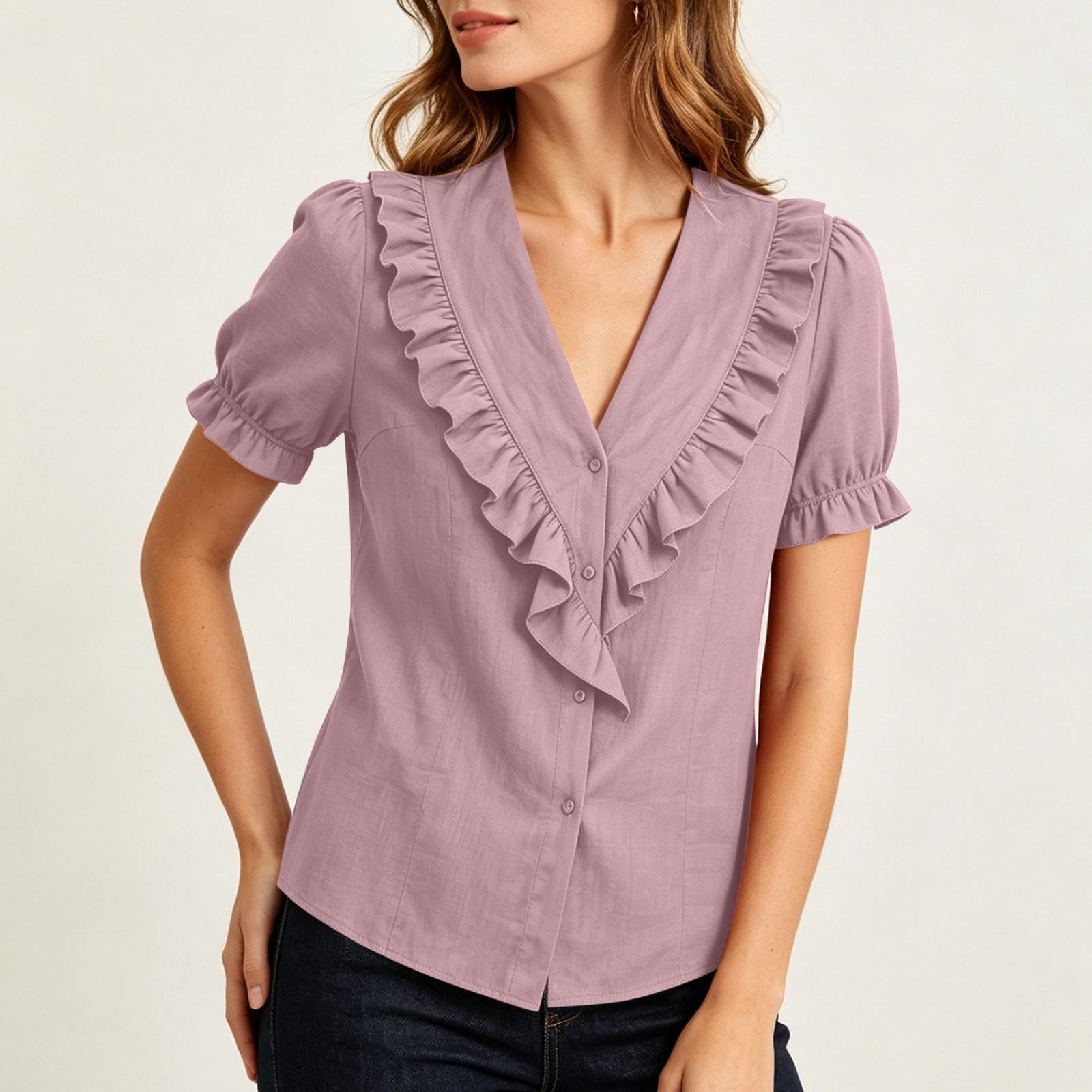 Babysbule Women's V-Neck Ruffle Collar Puff Short Sleeve Button Front ...