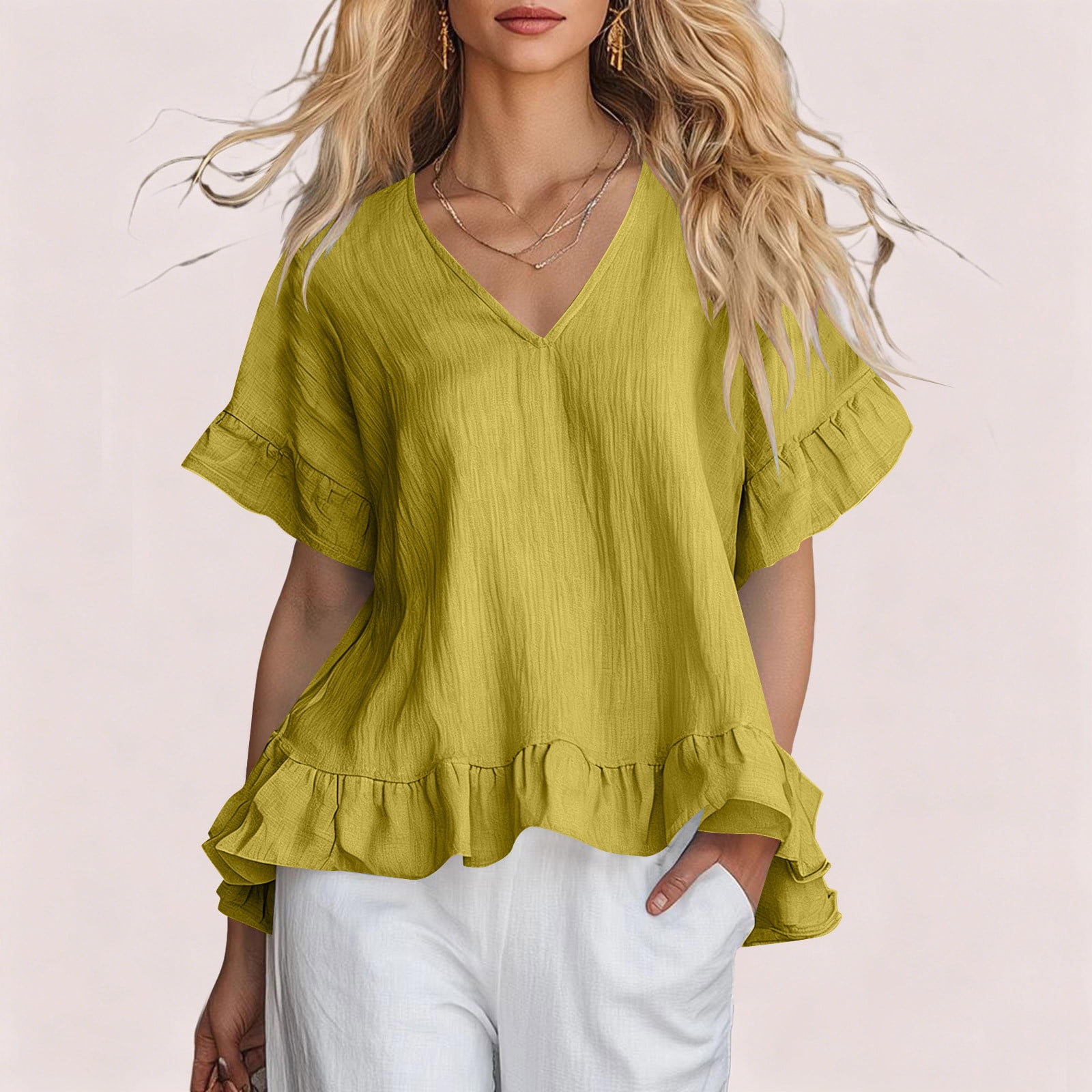 Babysbule Women's V-Neck Ruffle Hem Short Sleeve Blouse Relaxed Fit ...