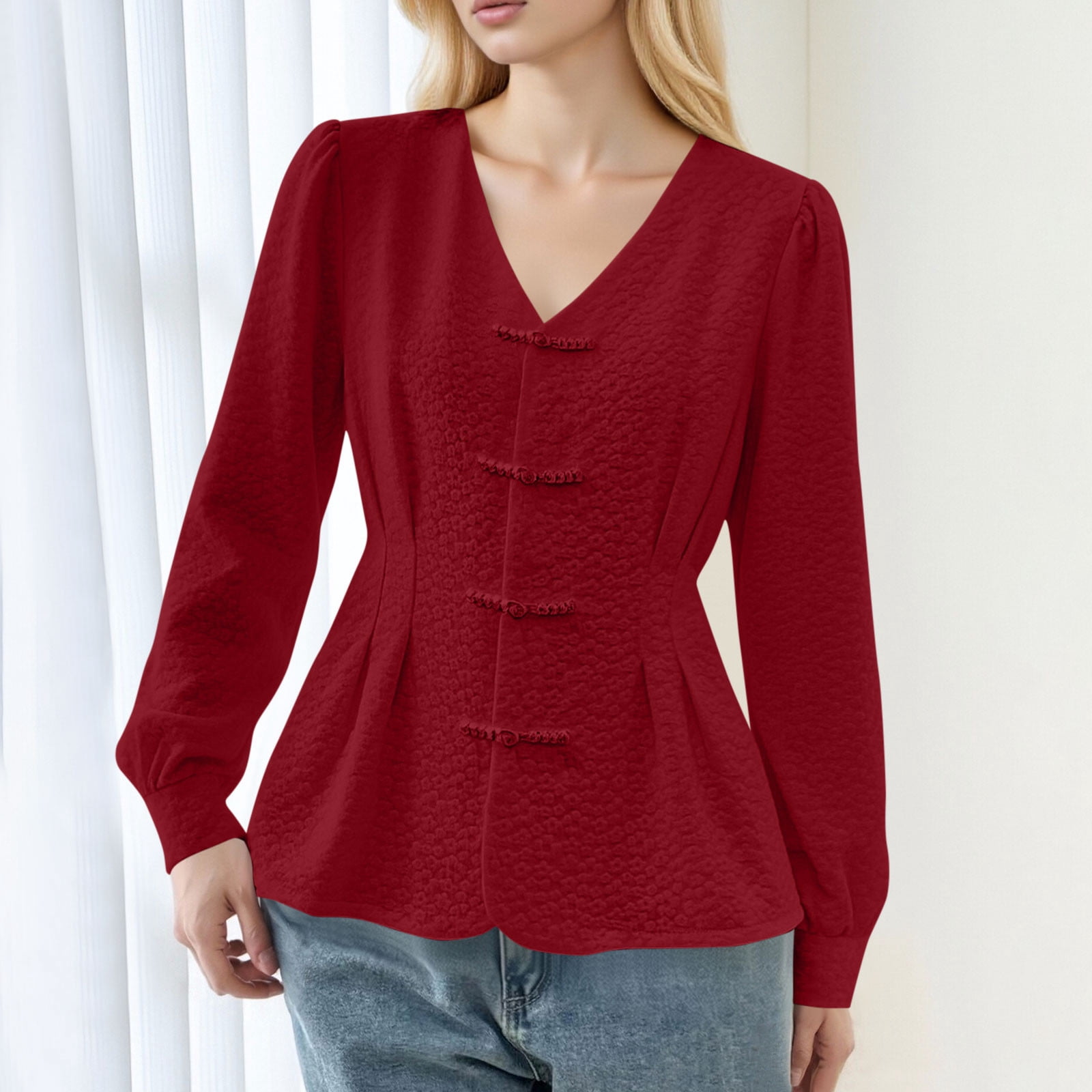 Babysbule Women's V-Neck Textured Blouse with Frog Closures, Fitted ...