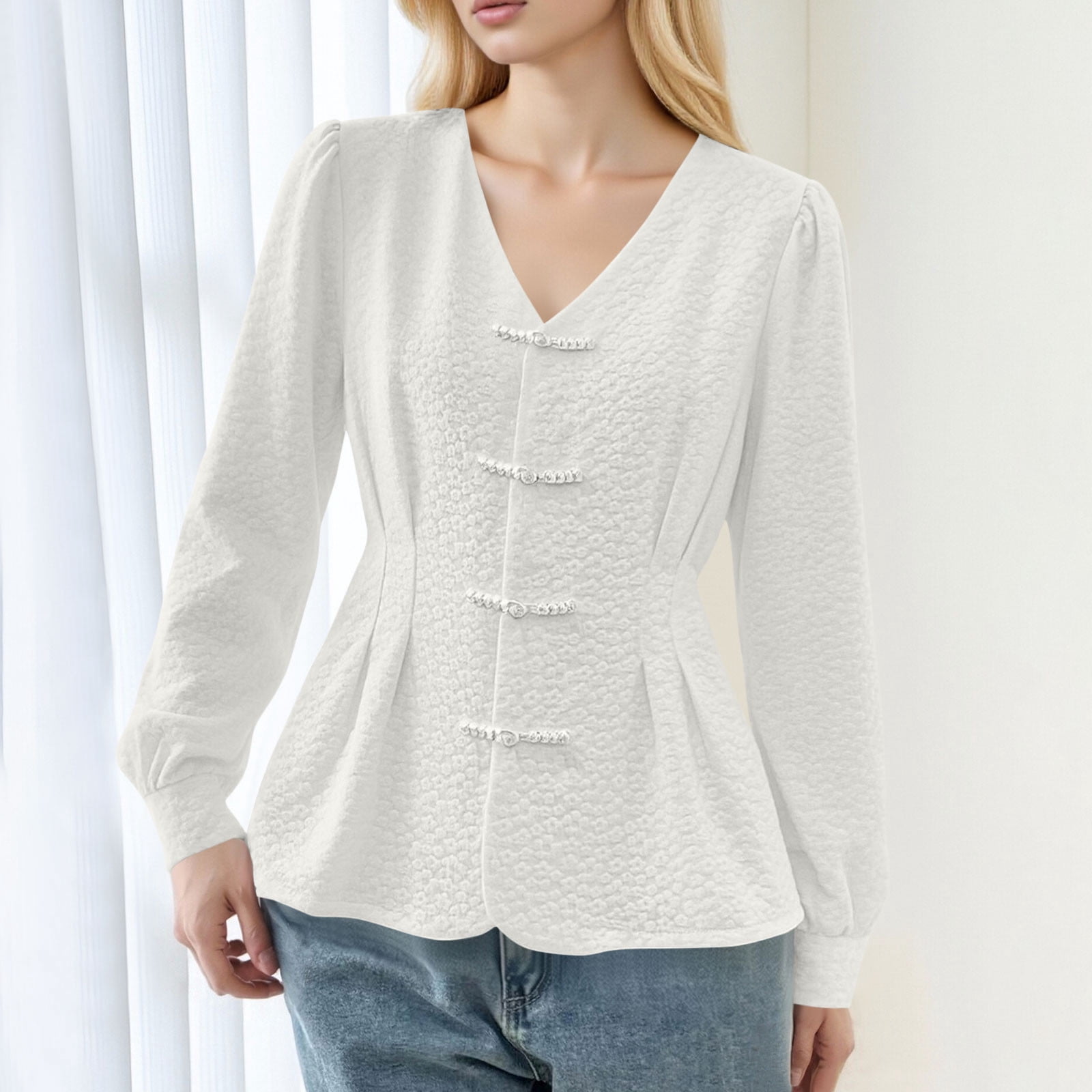 Babysbule Women's V-Neck Textured Blouse with Frog Closures, Fitted ...