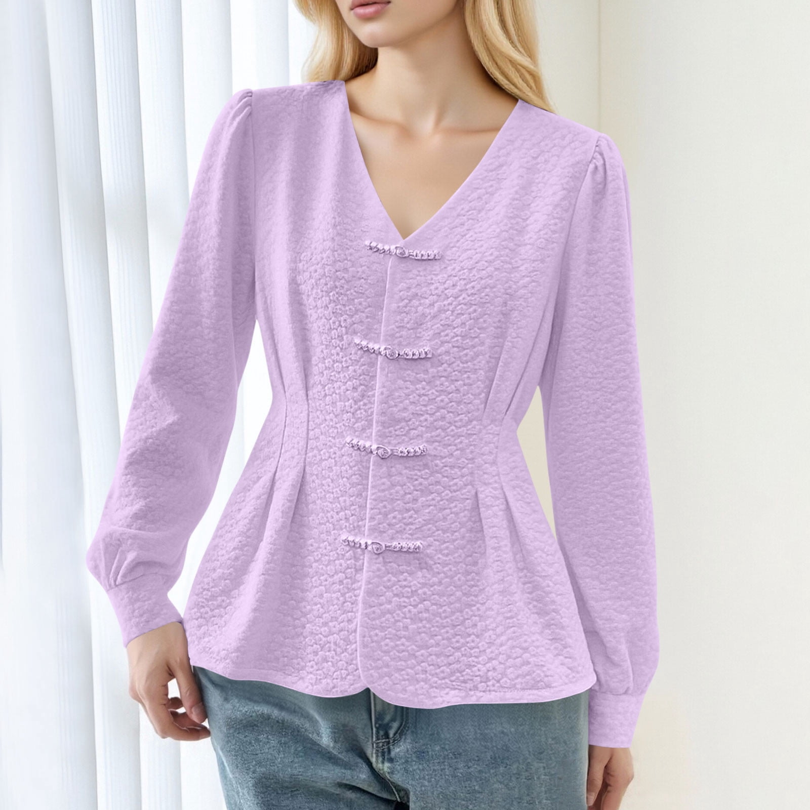 Babysbule Women's V-Neck Textured Blouse with Frog Closures, Fitted ...