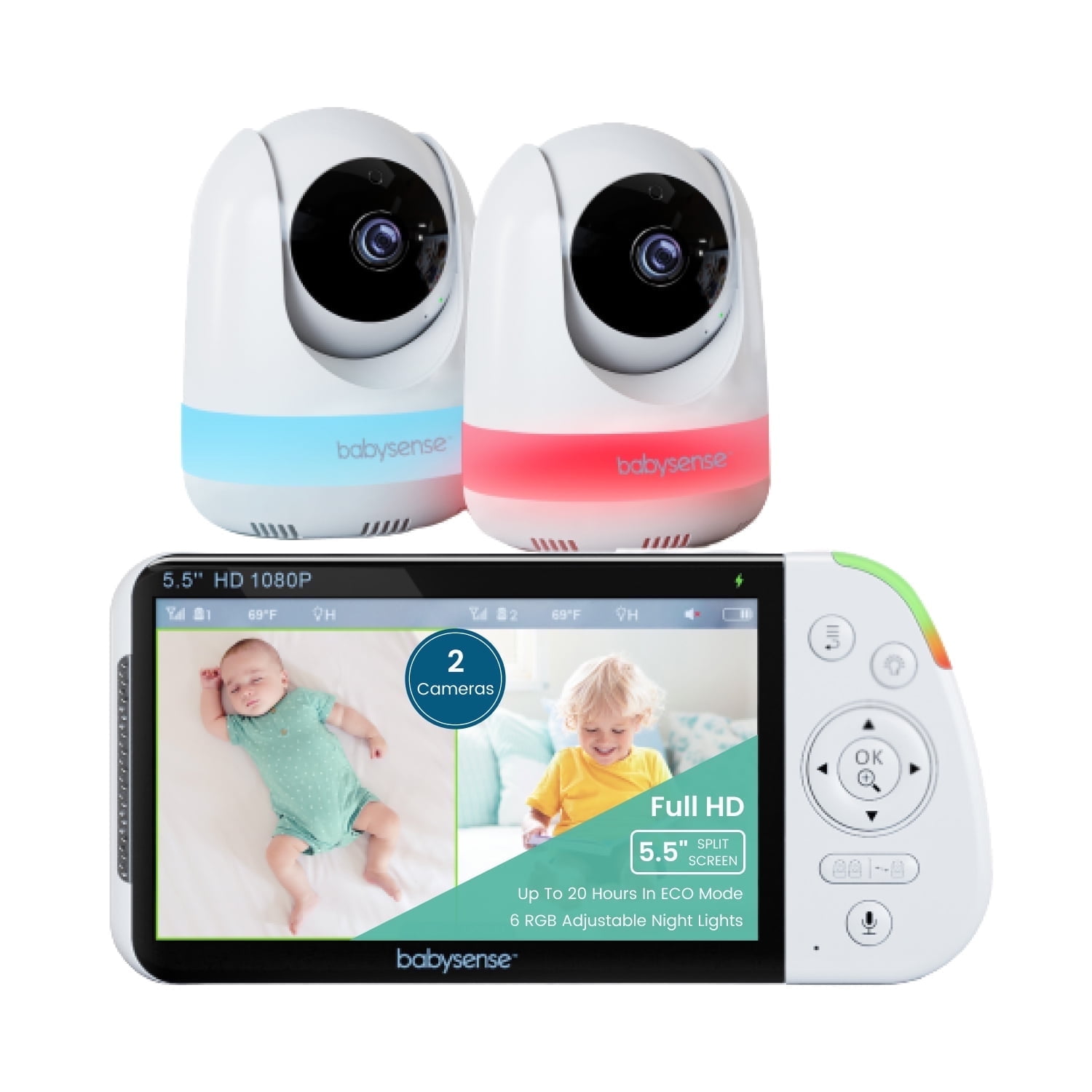 Babysense 5.5” HD Baby Monitor, 2 PTZ Cameras, Two-Way Audio, RGB Night ...