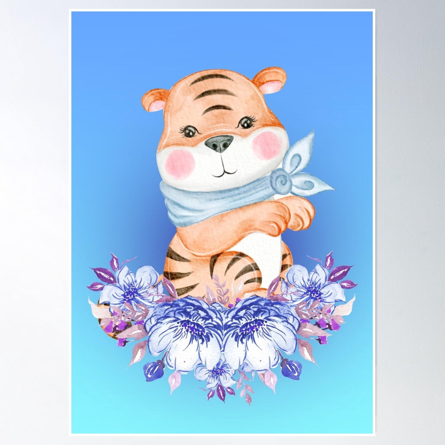 Babytiger Cub On A Blue Background- Vintage Wall Arttrendy Retro Print ...