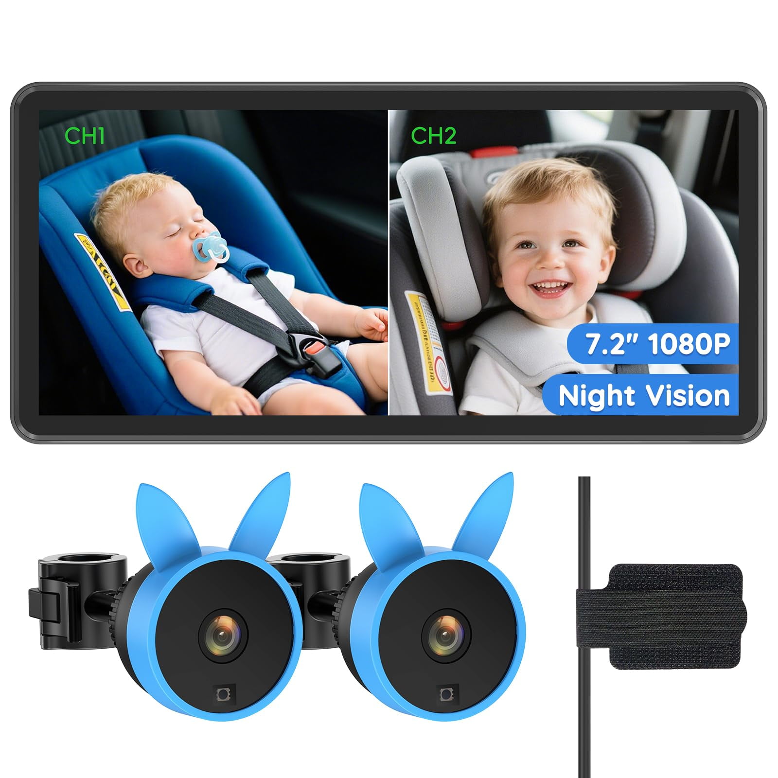 Babyvue BV3PRO Dual Baby Car Camera for 2 Boys, 7.2" 1080P HD Split ...