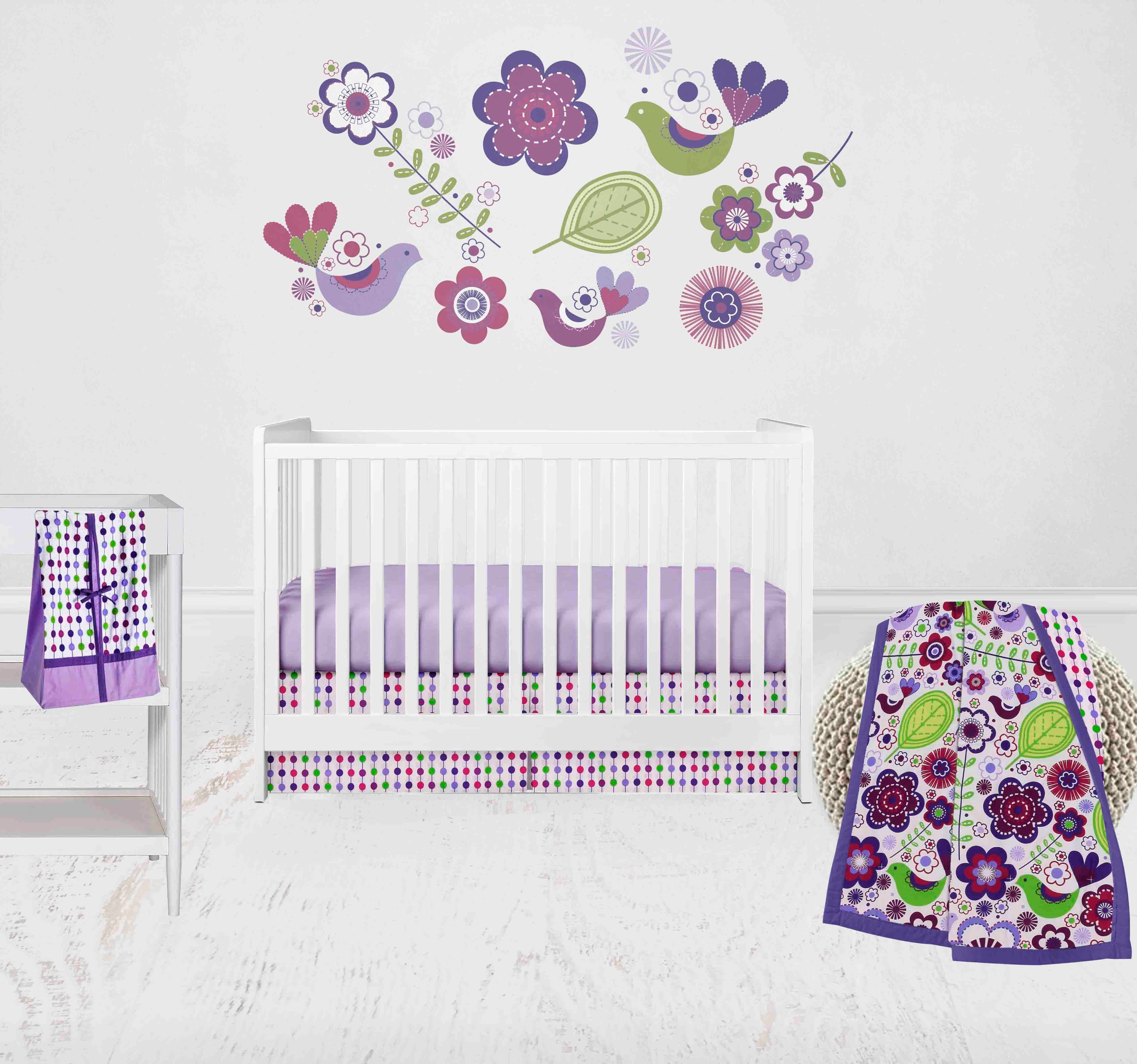 Bacati - Botanical Floral Birds 4-Piece Crib Bedding Set with Diaper ...