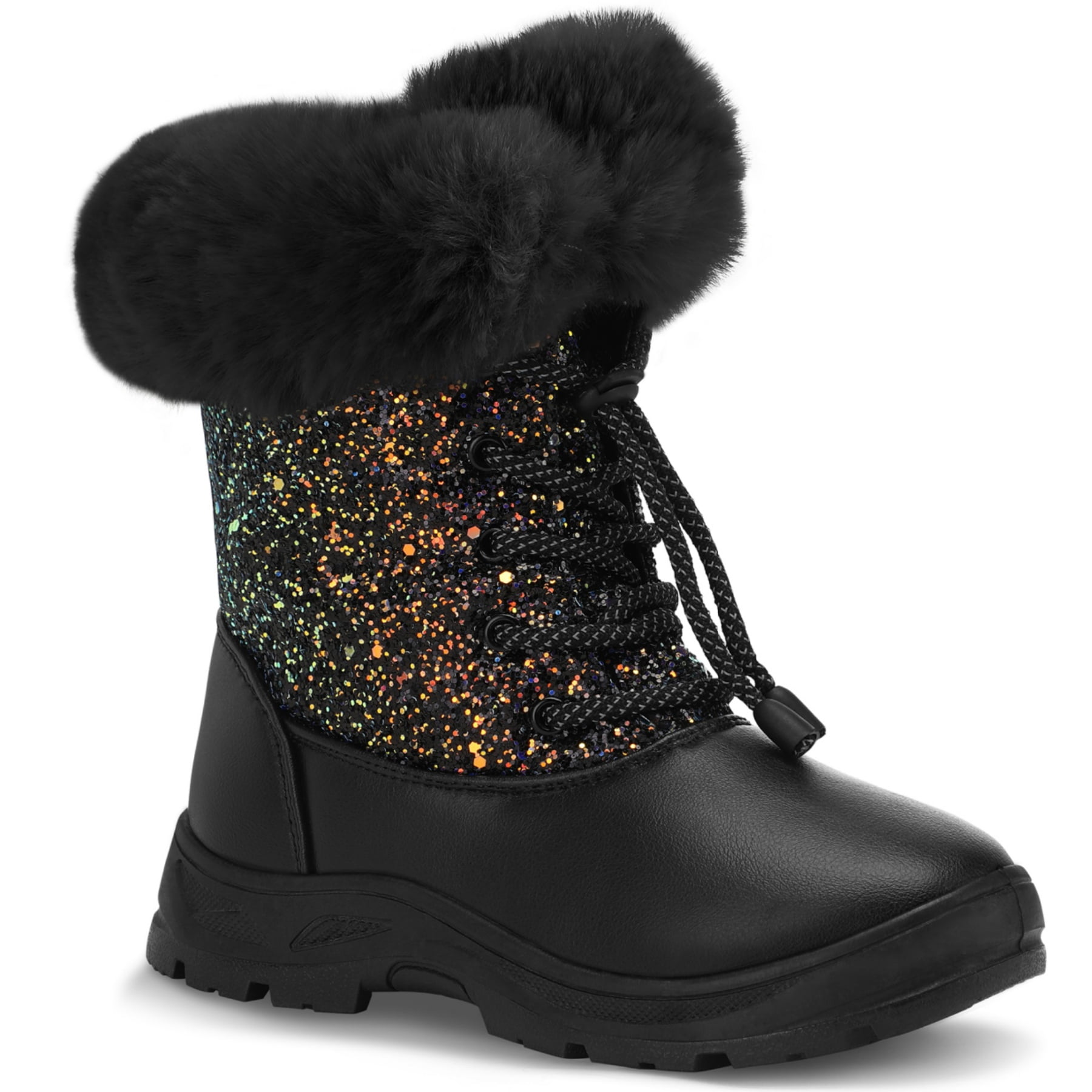 Bacca Girls Anti-Slip Snow Boots Black Glitter Warm Faux Fur-Lined ...