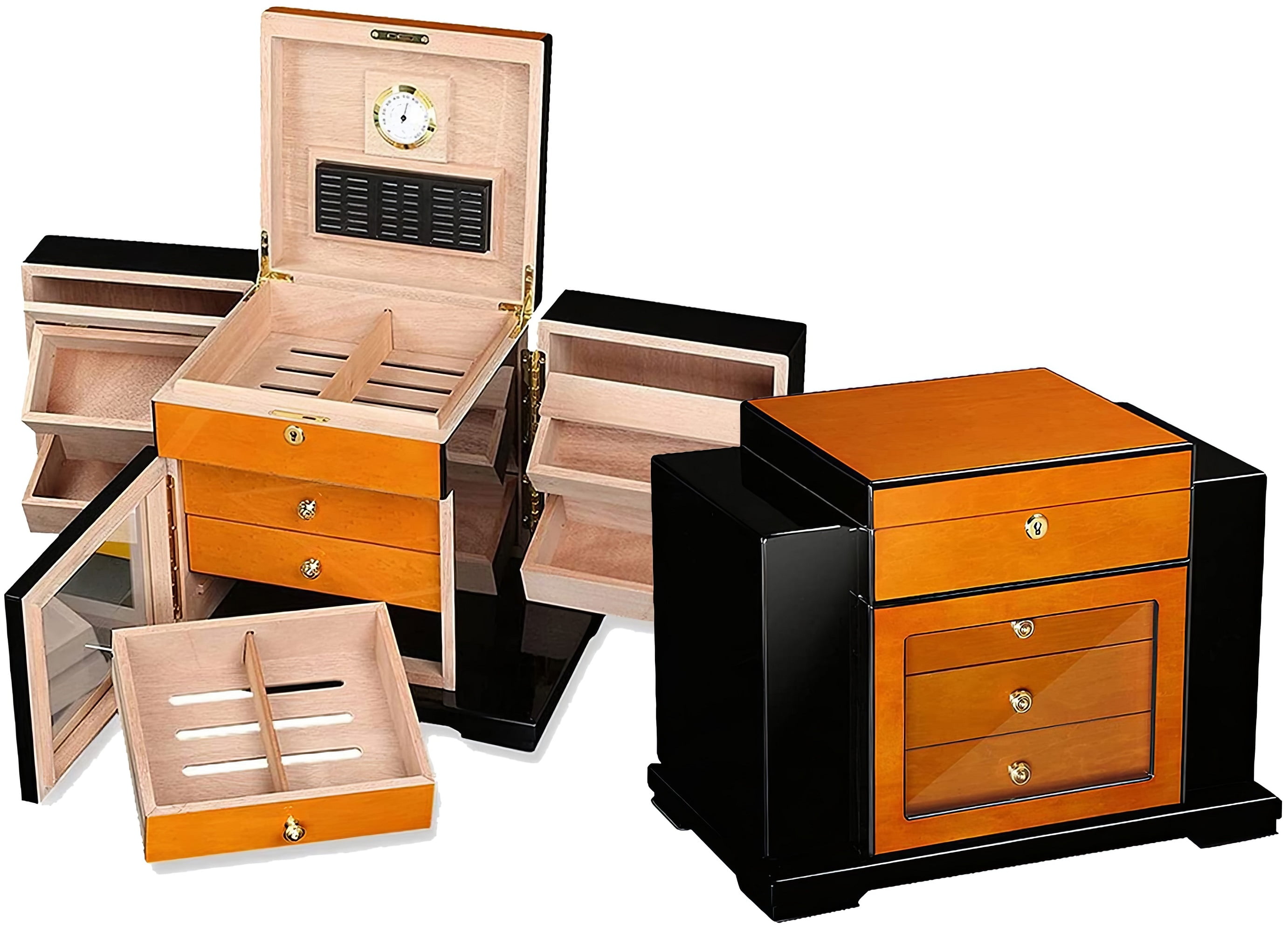 Baccus Desktop Cigar Humidor w/ Side Storage - High Gloss Two-Tone ...