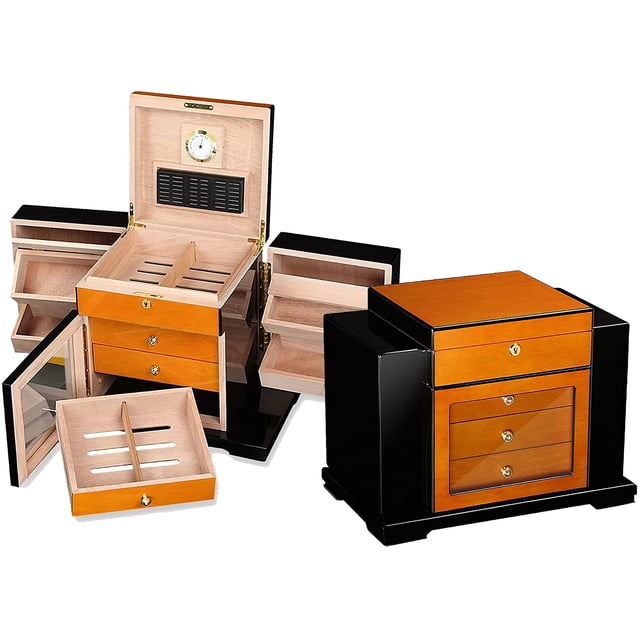 Baccus Desktop Cigar Humidor w/ Side Storage - High Gloss Two-Tone ...