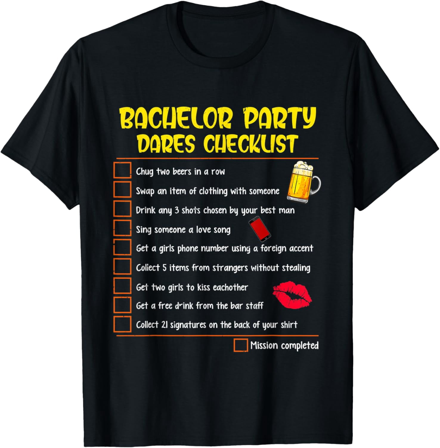 Bachelor Party Checklist Funny Challenge Bridal And Grooms T-Shirt ...