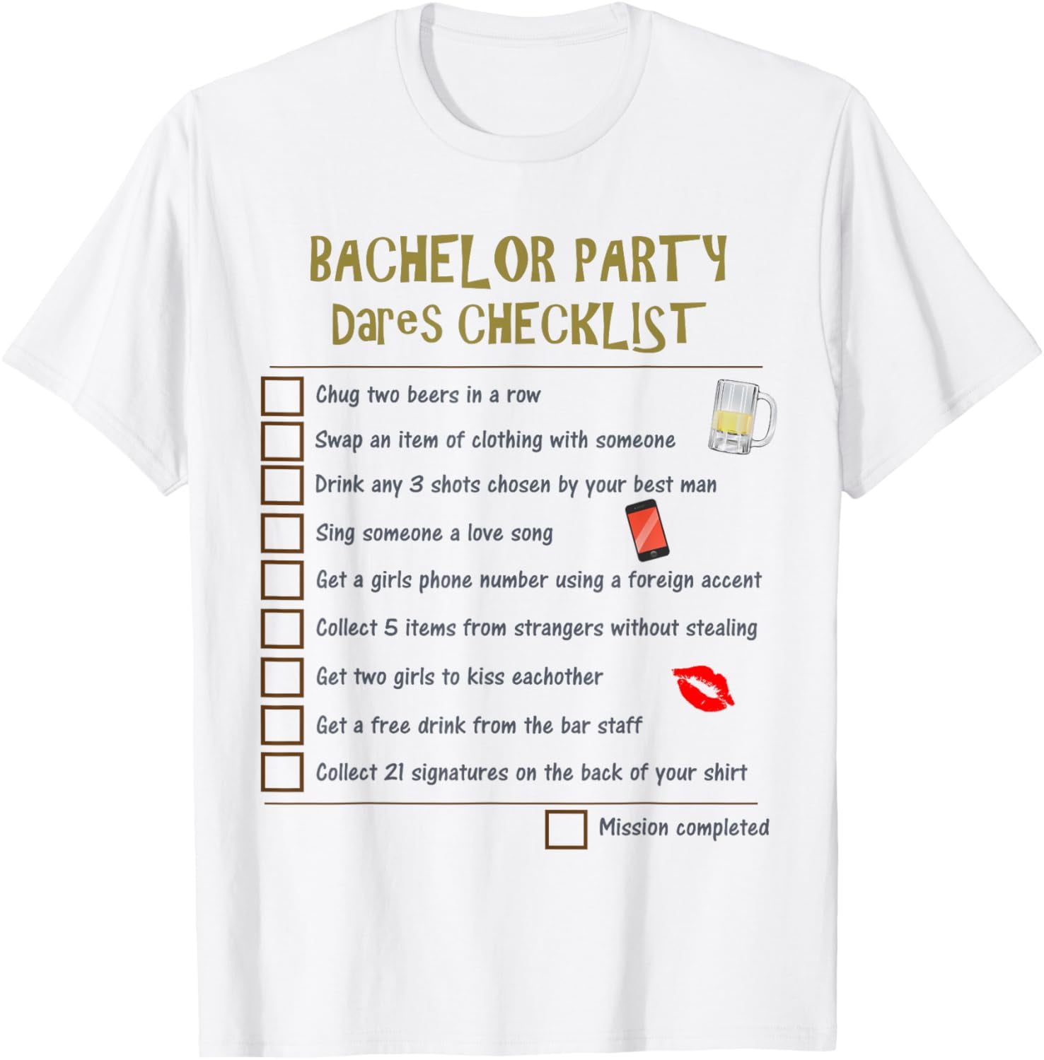 Bachelor Party Checklist | Grooms Stag Night Fun Dares Game T-ShirtMen ...