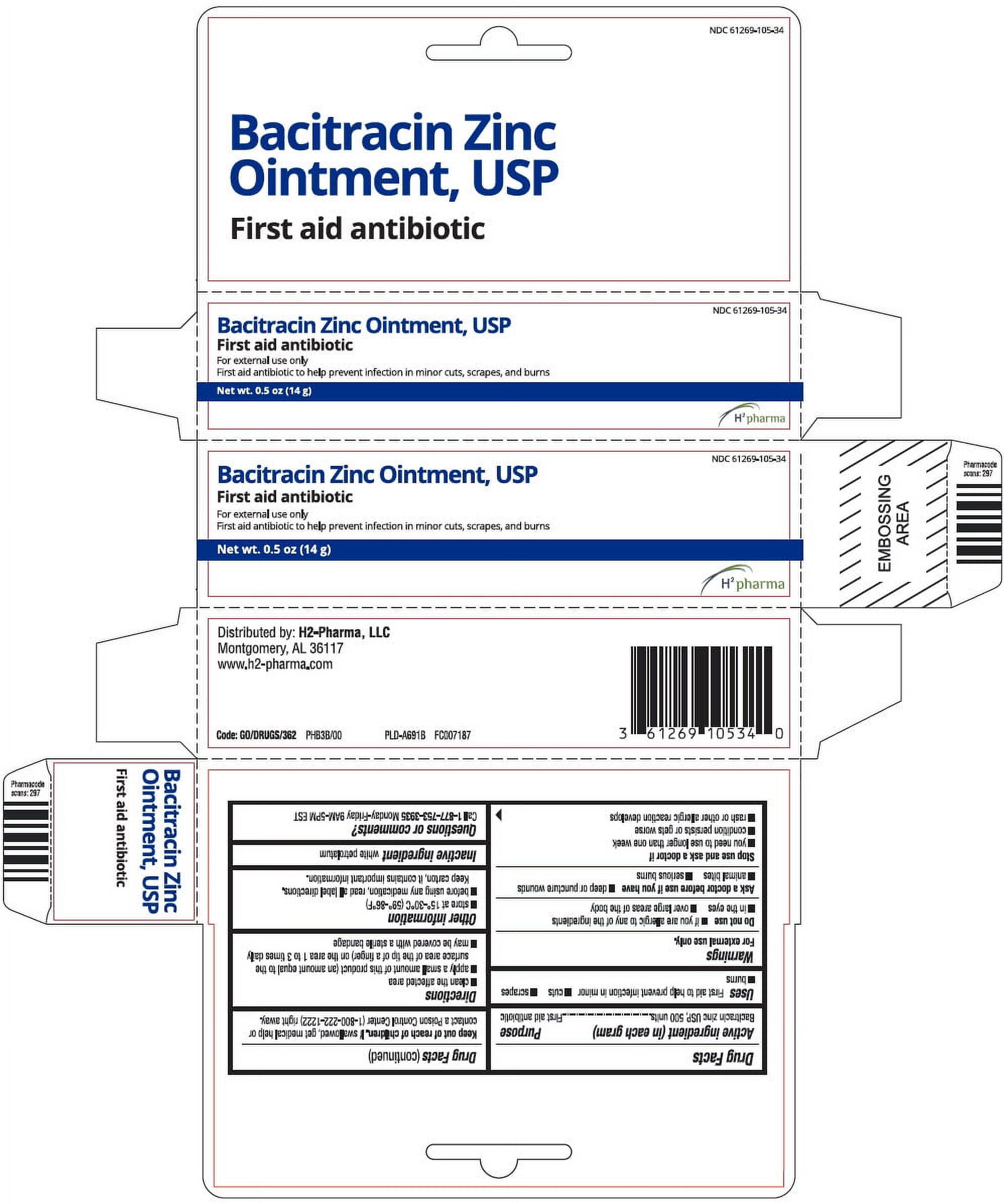 Bacitracin Zinc Ointment USP First Aid Antiseptic External H2 Pharma 0. ...