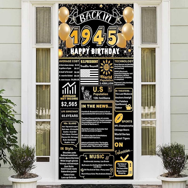 Back In 1945 Gold and Black 80th Birthday Decorations Banner Happy 80th ...