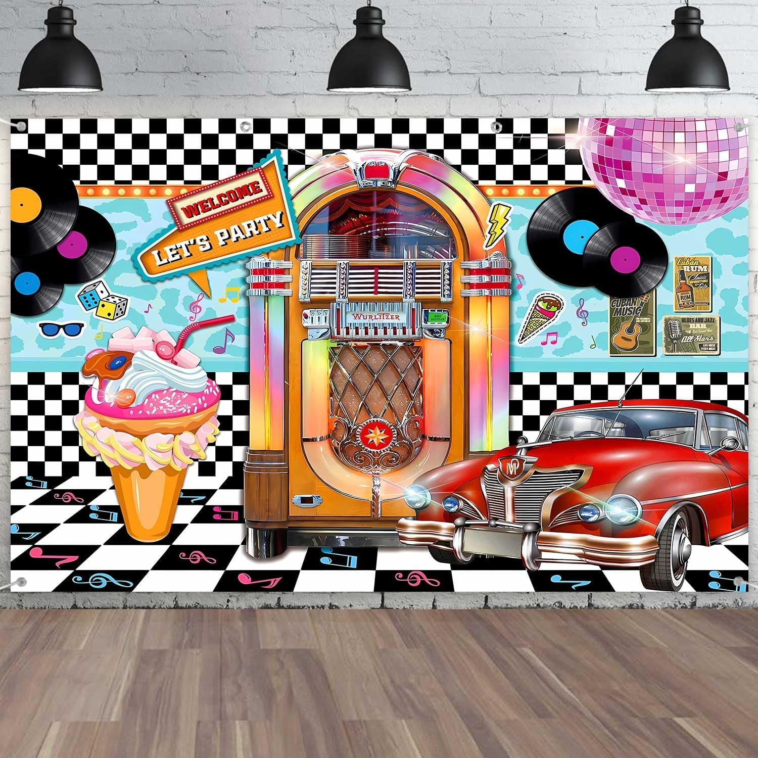 Back to 50s Party Backdrop Welcome Let's Party Car Light Ball Retro ...