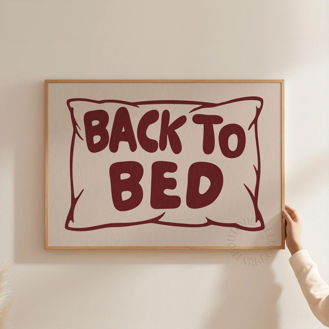 Back To Bed Print Poster, Burgundy Hand Drawn Pillow Poster, Mid ...