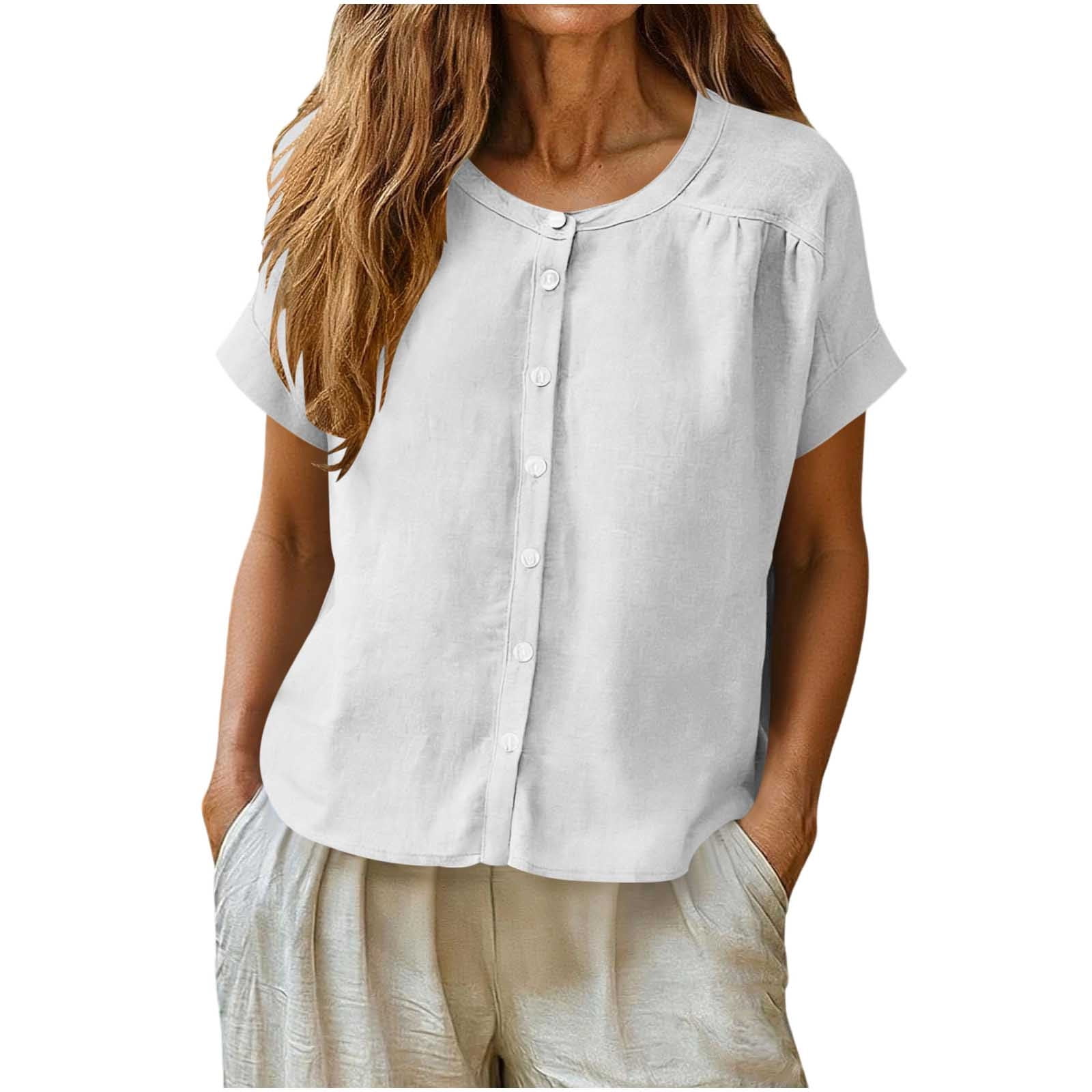 Back Gathered Pleat Linen Blouse Round Neck Full Button Short Sleeve ...