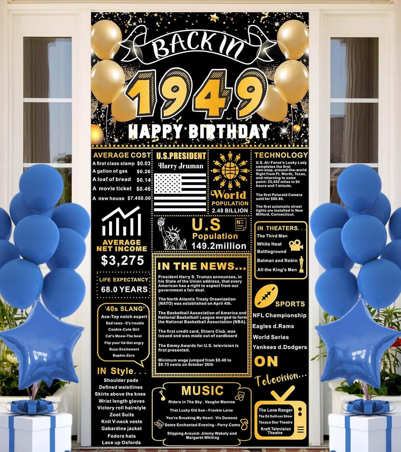 Back In 1949 Gold and Black 75th Birthday Decorations Happy 75th ...