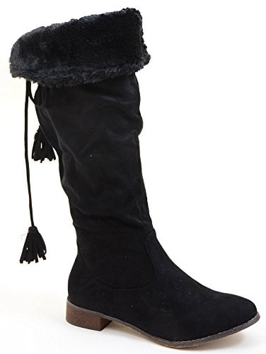 Back Lace Fur Fold Over Pirate Knee Boots Vegan Suede - Walmart.com