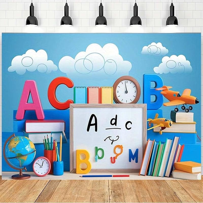 Back to School ABC Background Globe Pencil Book Birthday Backdrop ...