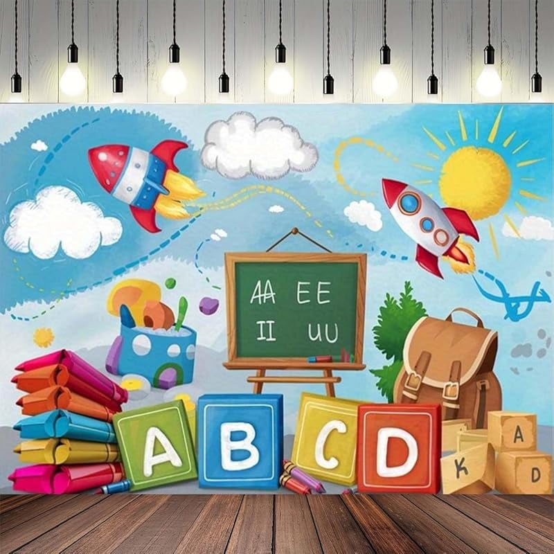 Back to School ABC Photography Background Crayon Sun Clouds Blue ...