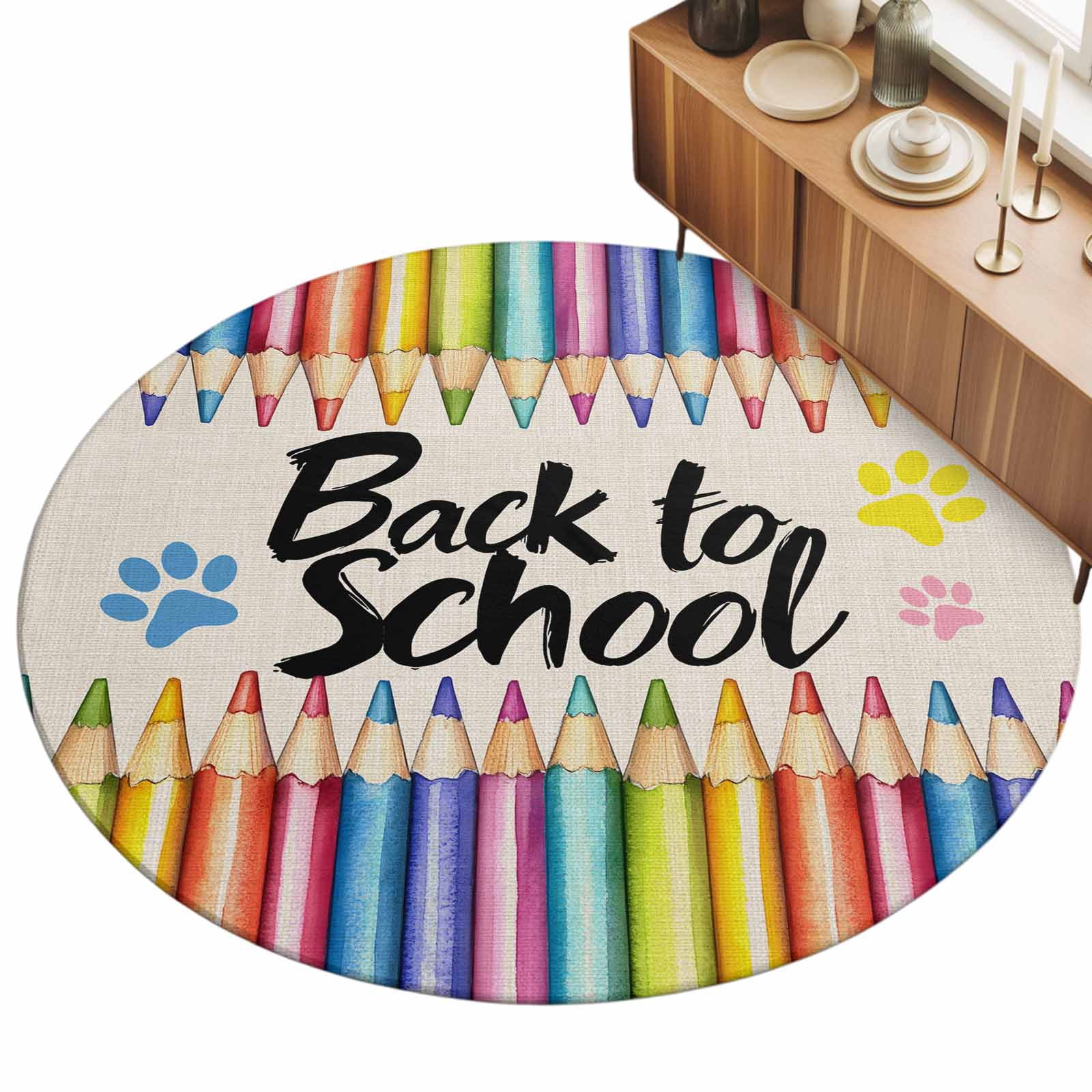 Back to School Area Rugs 3.3' (Round) Colored Pencils Paw Print Linen ...