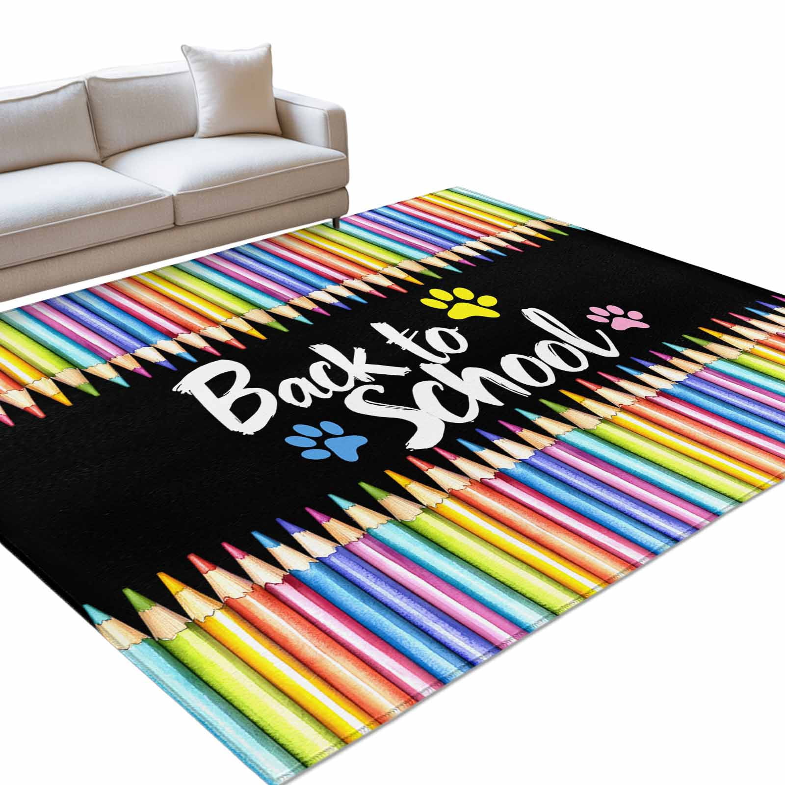 Back to School Area Rugs 8x10ft Cute Colored Pencils Paw Print Floor ...