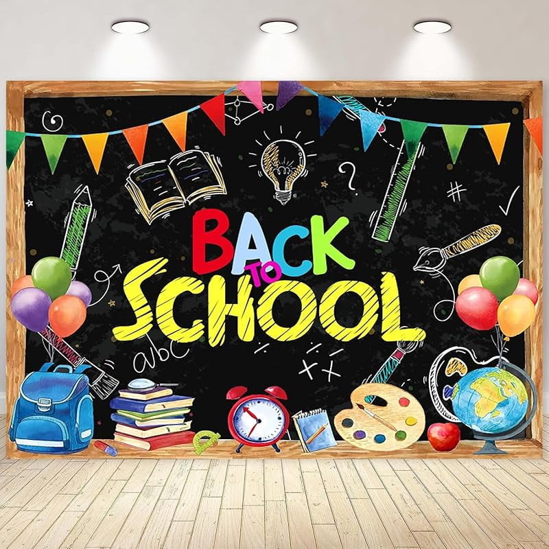 Back to School Backdrop Black Chalkboard Colorful Flags Pencils ...