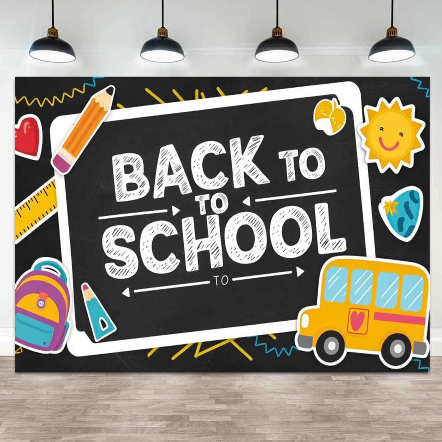 Back to School Backdrop Classroom Chalkboard School Bus Pencil Ruler ...