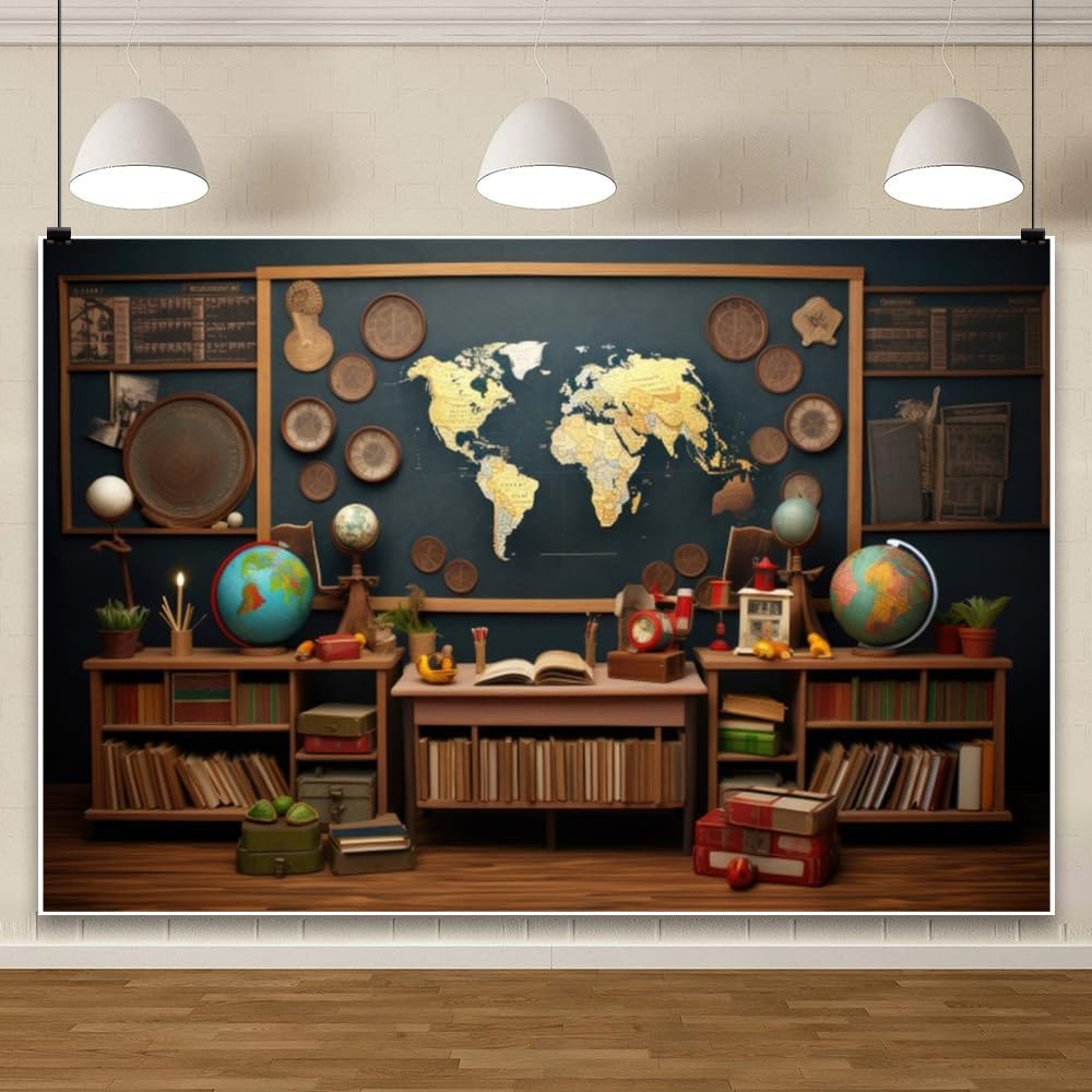 Back to School Backdrop Classroom Decorations World Map Bookshelf Globe ...
