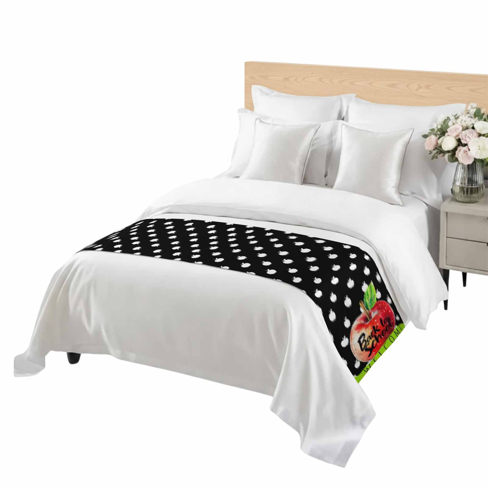 Back to School Bed Runner Cal King Size Red Fruit Black Background Soft ...
