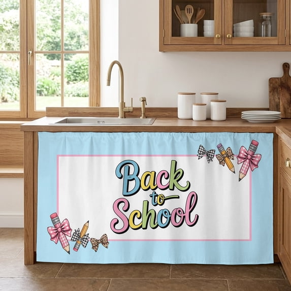 Back To School Cabinet Curtains 32" W x 55" L Pink Plaid Bow Pencil ...