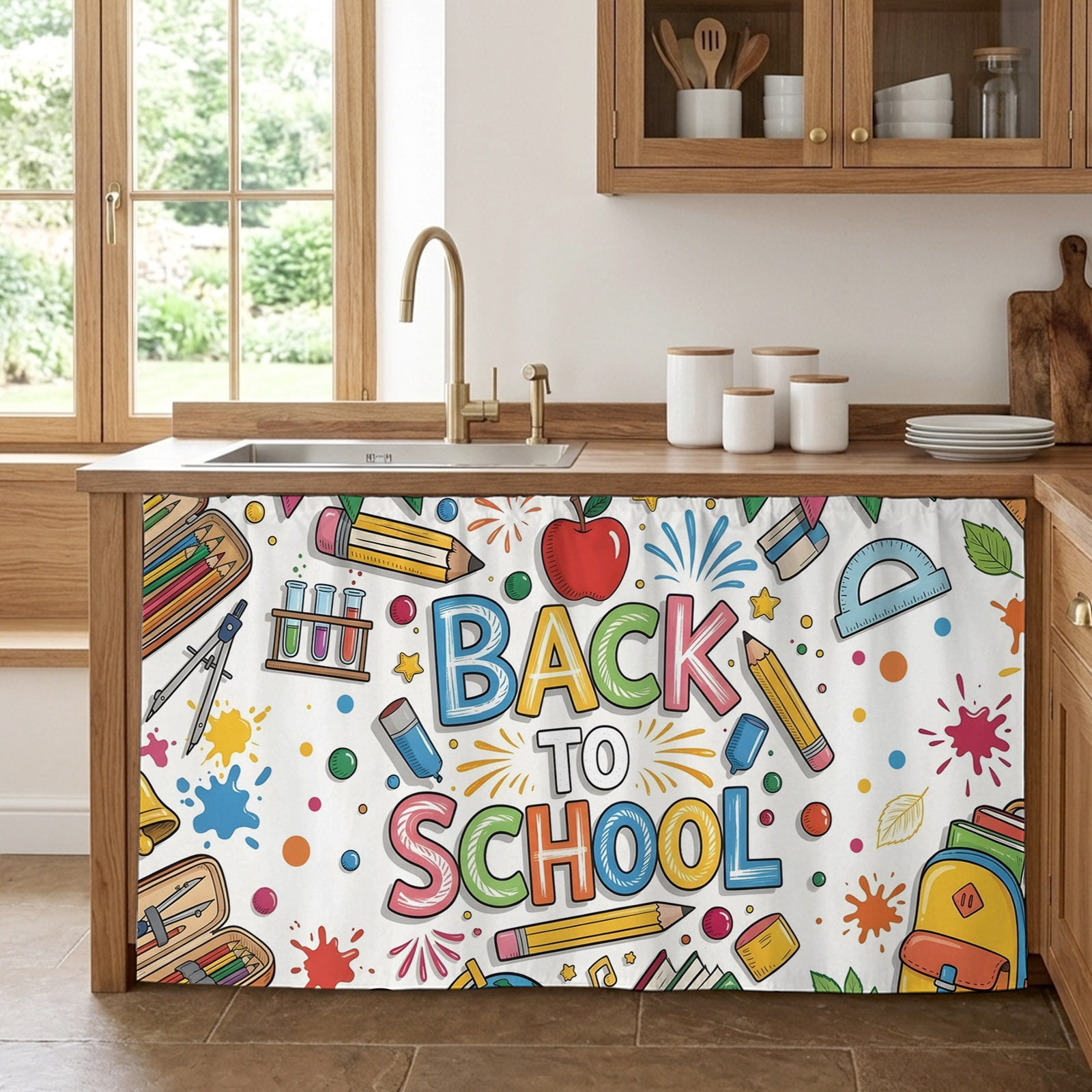 Back to School Cabinet Curtains 32" W x 55" L, Red Fruit Pencils Earth ...