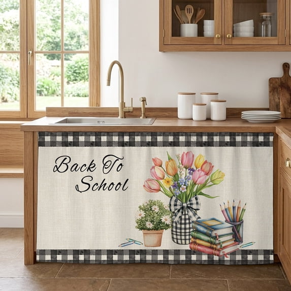 Back To School Cabinet Curtains 32" W x 55" L Tulips Floral Vase Pencil ...