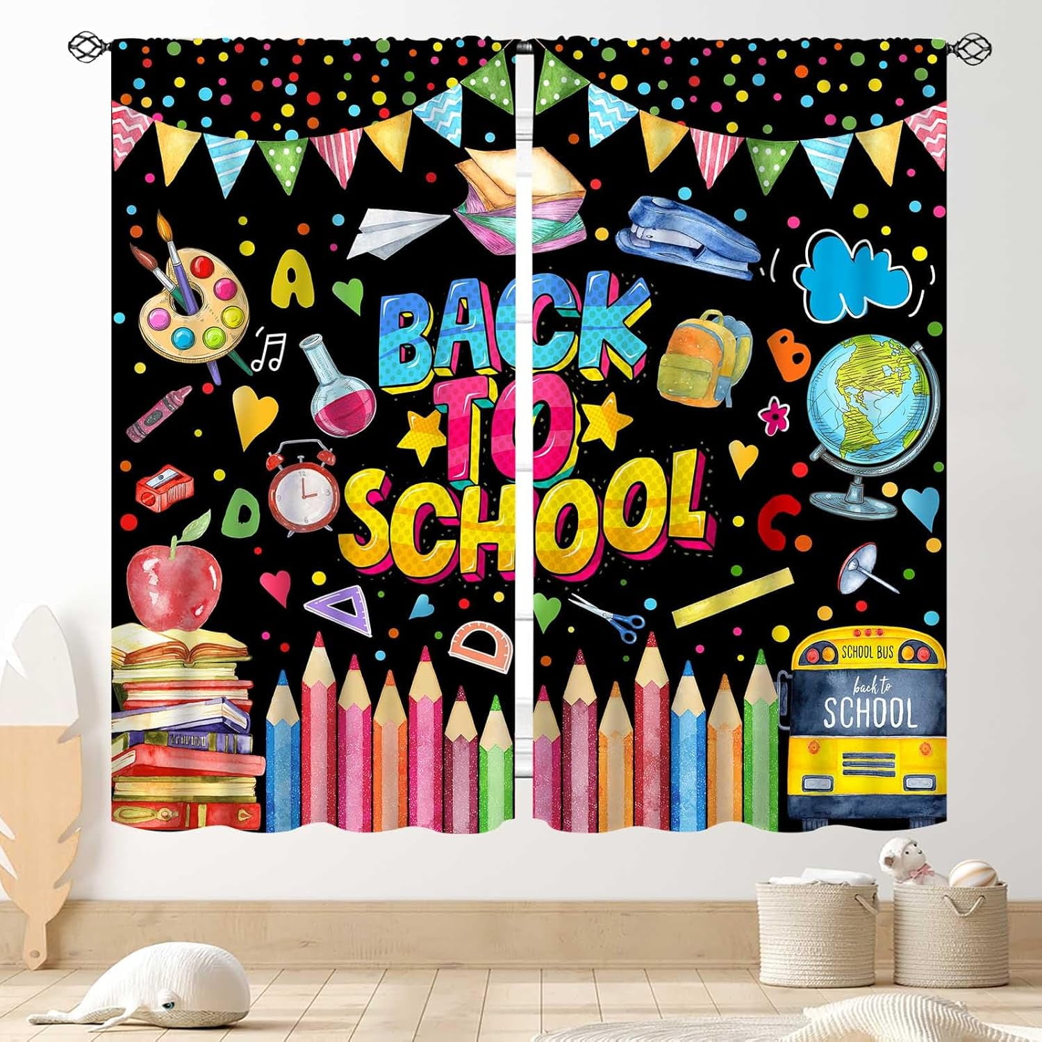 Back to School Curtains for Classroom, Cartoon Colorful Educational ...