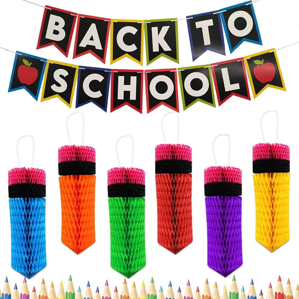 Back to School Decorations Banner Pencils Hanging Honeycomb Decorations ...