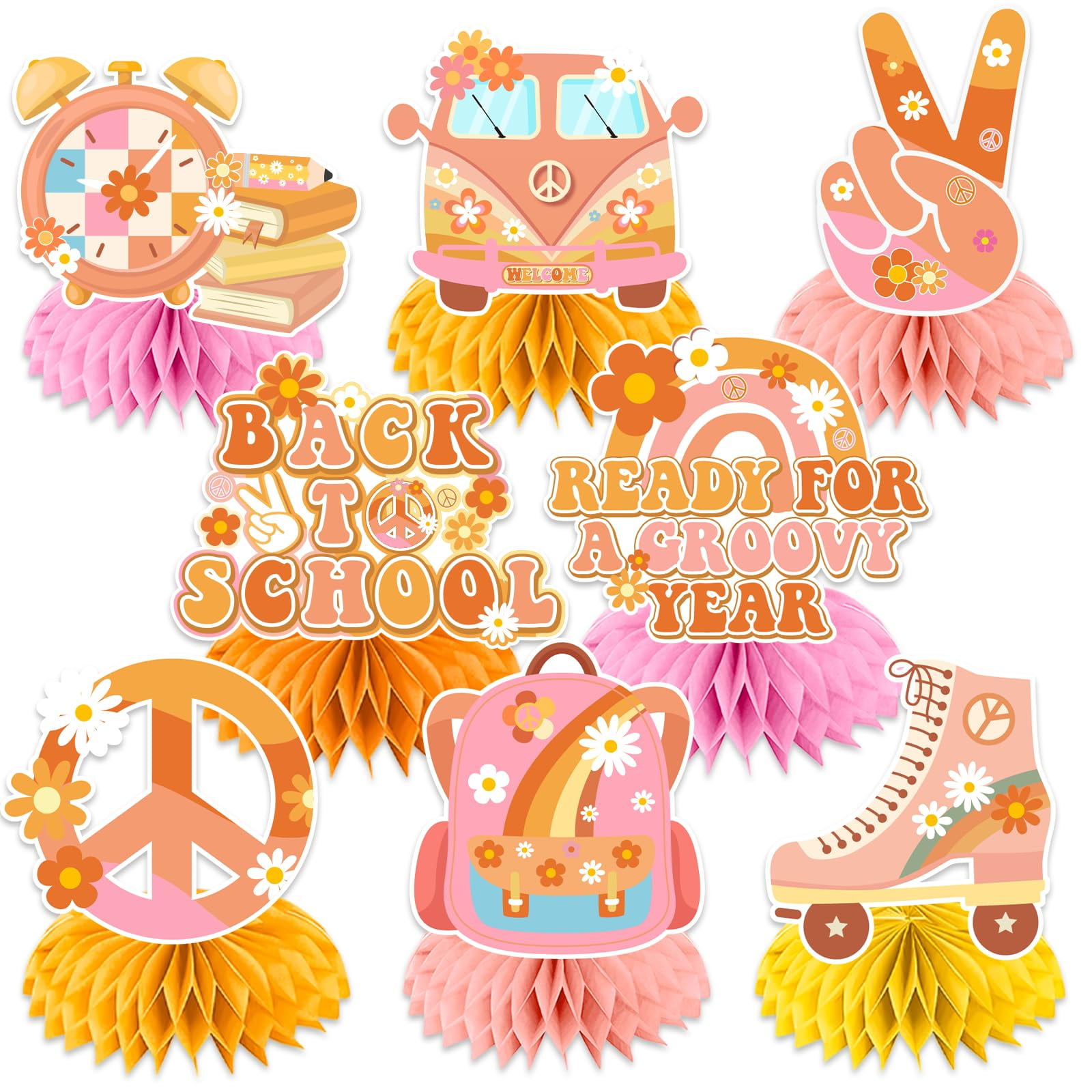 Back To School Decorations Honeycomb Centerpieces, 8Pcs Groovy ...