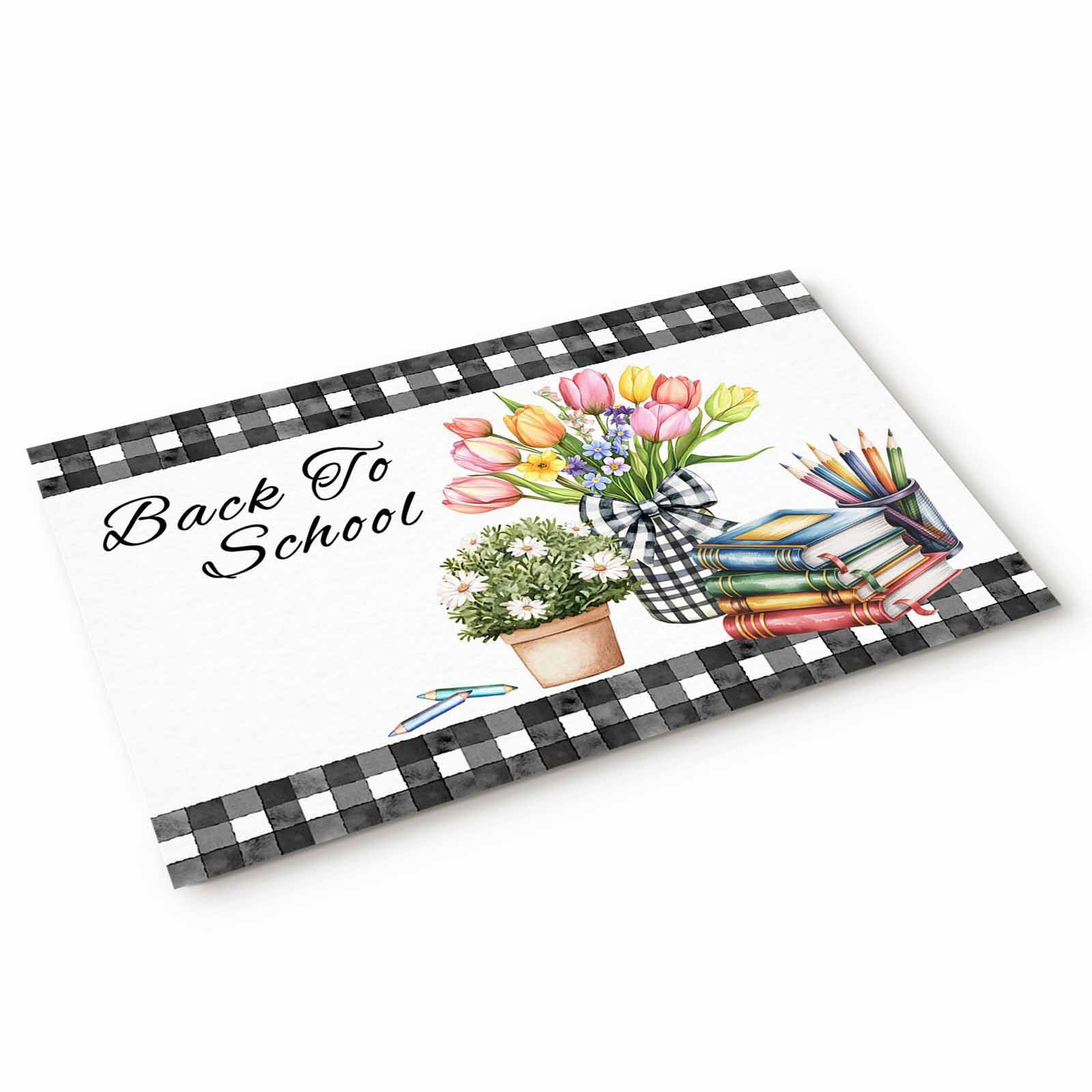 Back To School Door Mat Tulips Floral Vase Pencil Book Plaid Non Slip ...