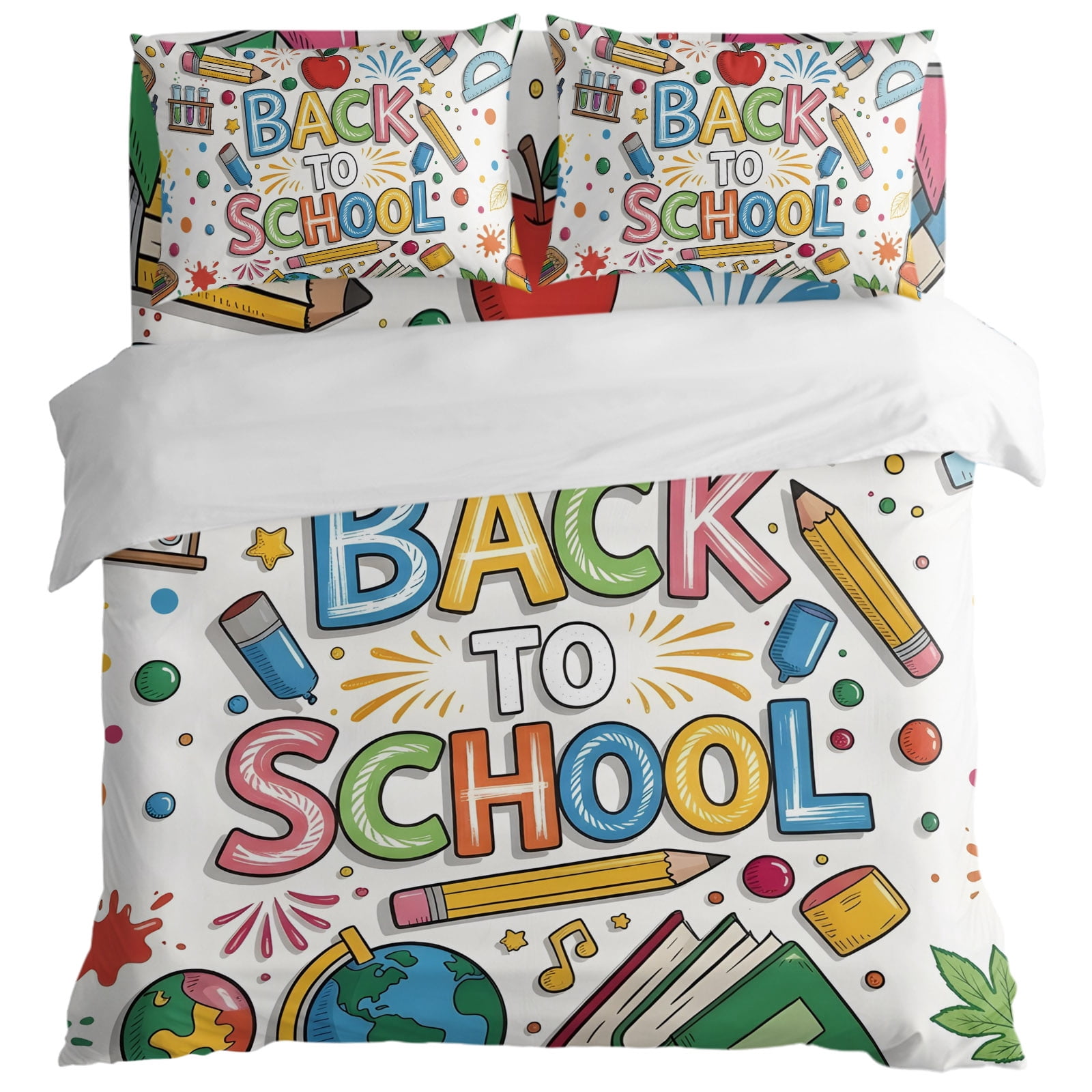 Back to School Duvet Cover Set King Size, Red Fruit Pencils Earth Globe ...