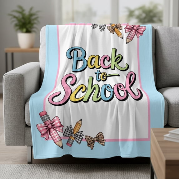 Back To School Fleece Throw Blanket Pink Plaid Bow Pencil Campus Sky ...