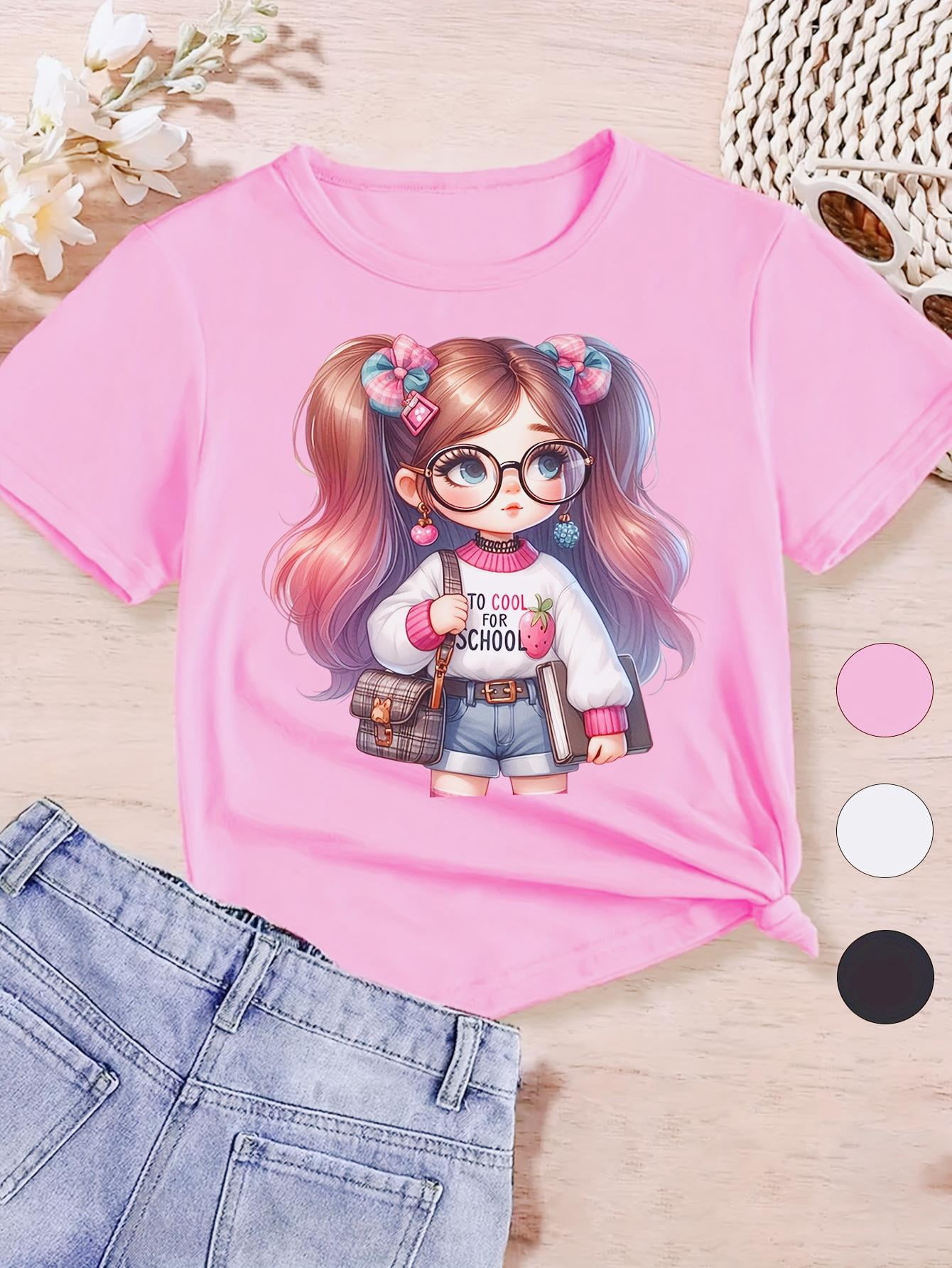 Back to School Girl 1pc Girls Cotton T-Shirt White Pink Black Choose ...