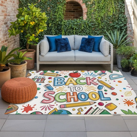 Back to School Indoor Outdoor Rugs 5x7 Ft, Red Fruit Pencils Earth ...
