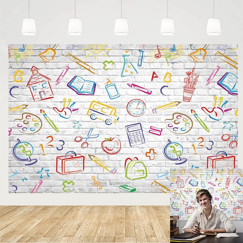 Back to School Perfect Backdrop Hand Painted Pencils Books White Brick ...